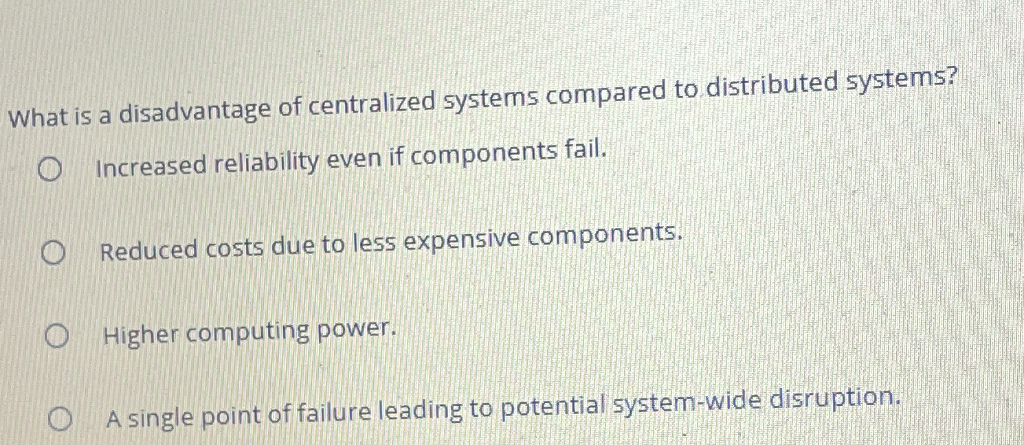Solved What is a disadvantage of centralized systems | Chegg.com