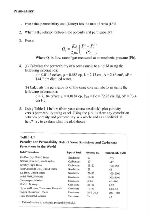 Solved Permeability 1. Prove that permeability unit (Darcy) | Chegg.com