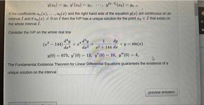 Solved y(x0)=y0,y′(x0)=y1,⋯,y(n−1)(x0)=yn−1 If the | Chegg.com