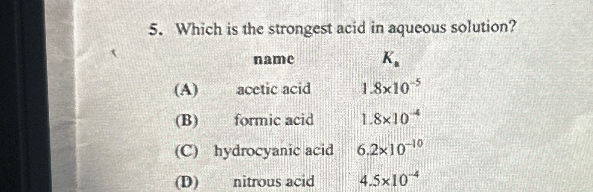 Solved Which is the strongest acid in aqueous | Chegg.com