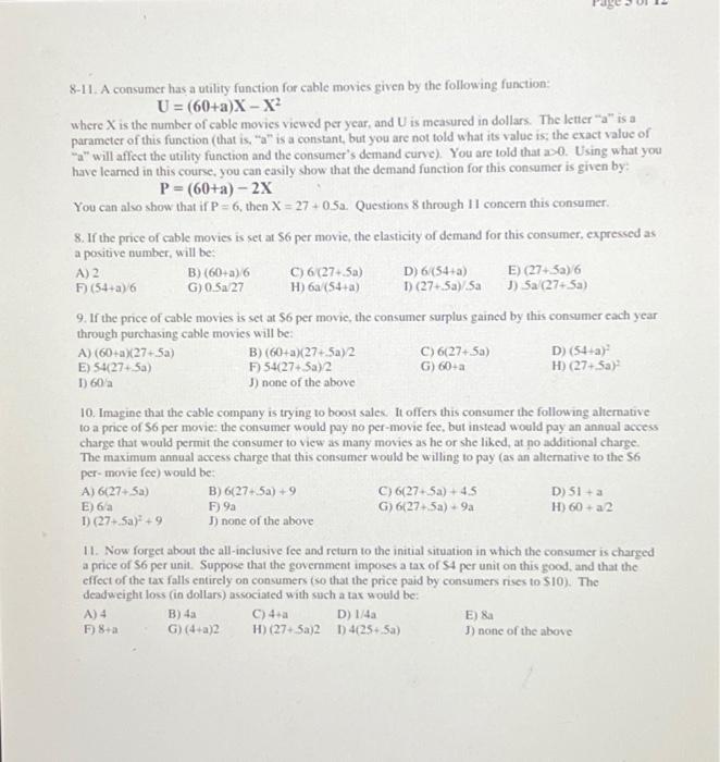 Solved 8-11. A consumer has a utility function for cable | Chegg.com