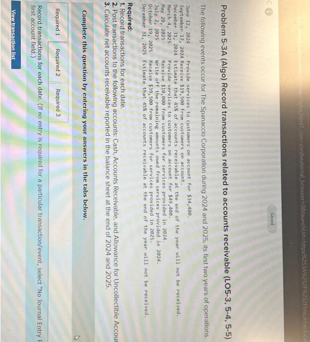 Solved Problem 5-3A (Algo) Record transactions related to | Chegg.com