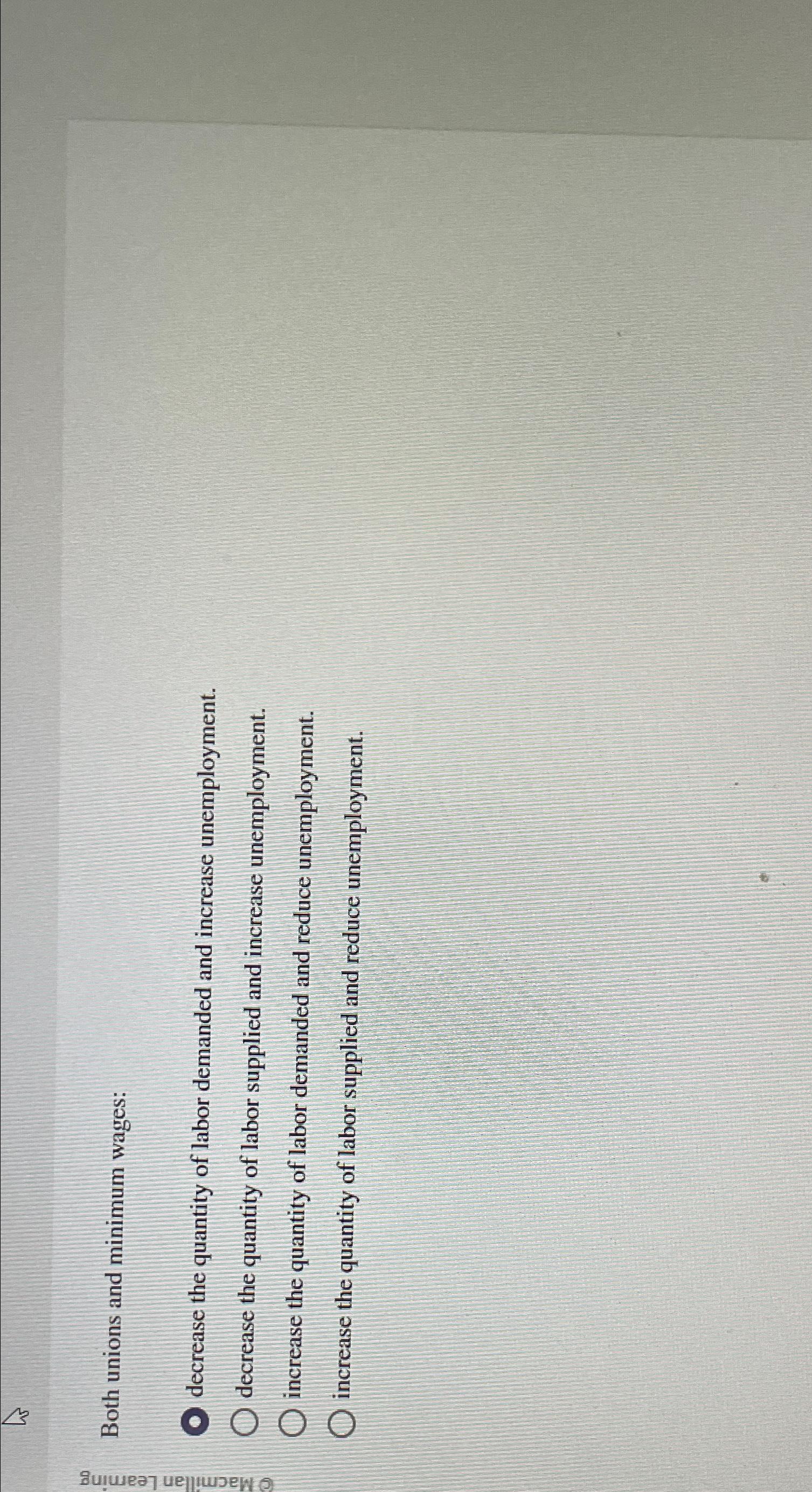 Solved Both unions and minimum wages:decrease the quantity | Chegg.com