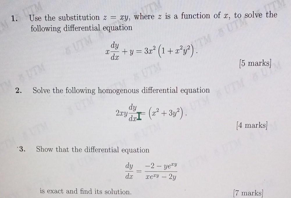 Solved 1. Use the substitution z = xy, where z is a function | Chegg.com