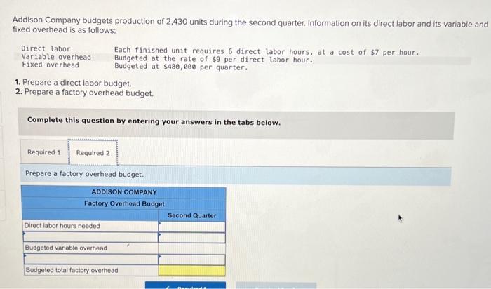Solved Addison Company budgets production of 2,430 units | Chegg.com
