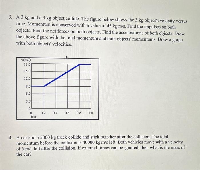 Solved 3. A3 kg and a 9 kg object collide. The figure below | Chegg.com