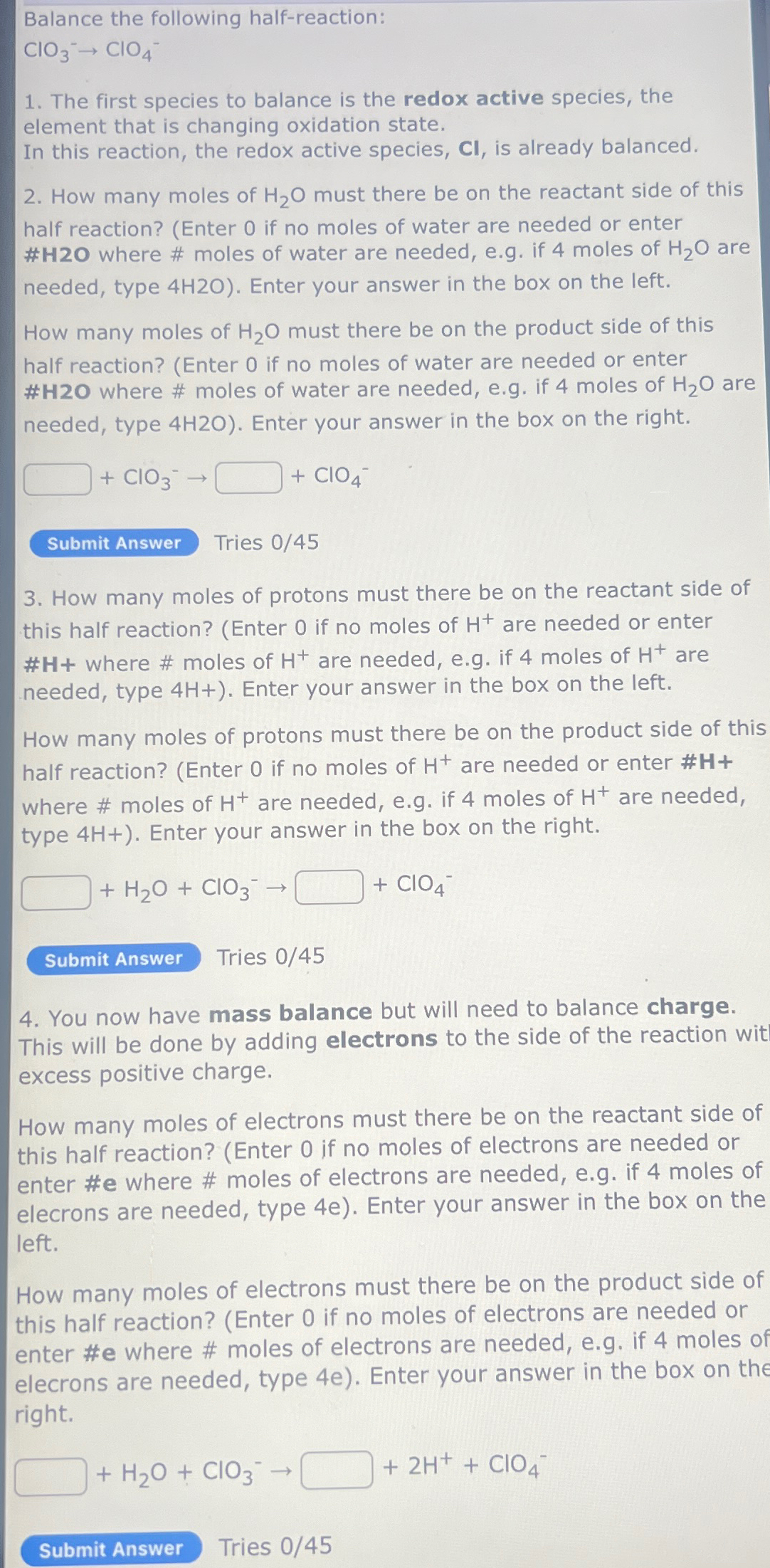 Solved Balance The Following Half Reaction Clo3 →clo4 The