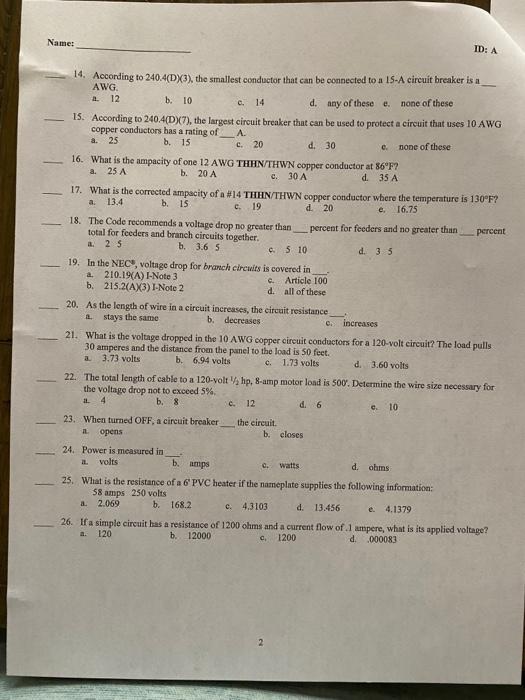 Solved 14. According to 240.4(D)(3), the smallest conductor | Chegg.com