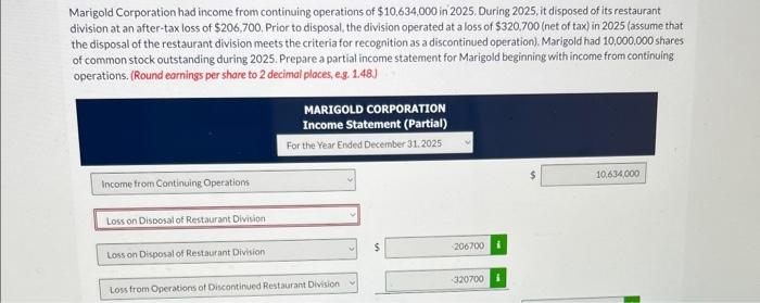 Solved Marigold Corporation had income from continuing | Chegg.com