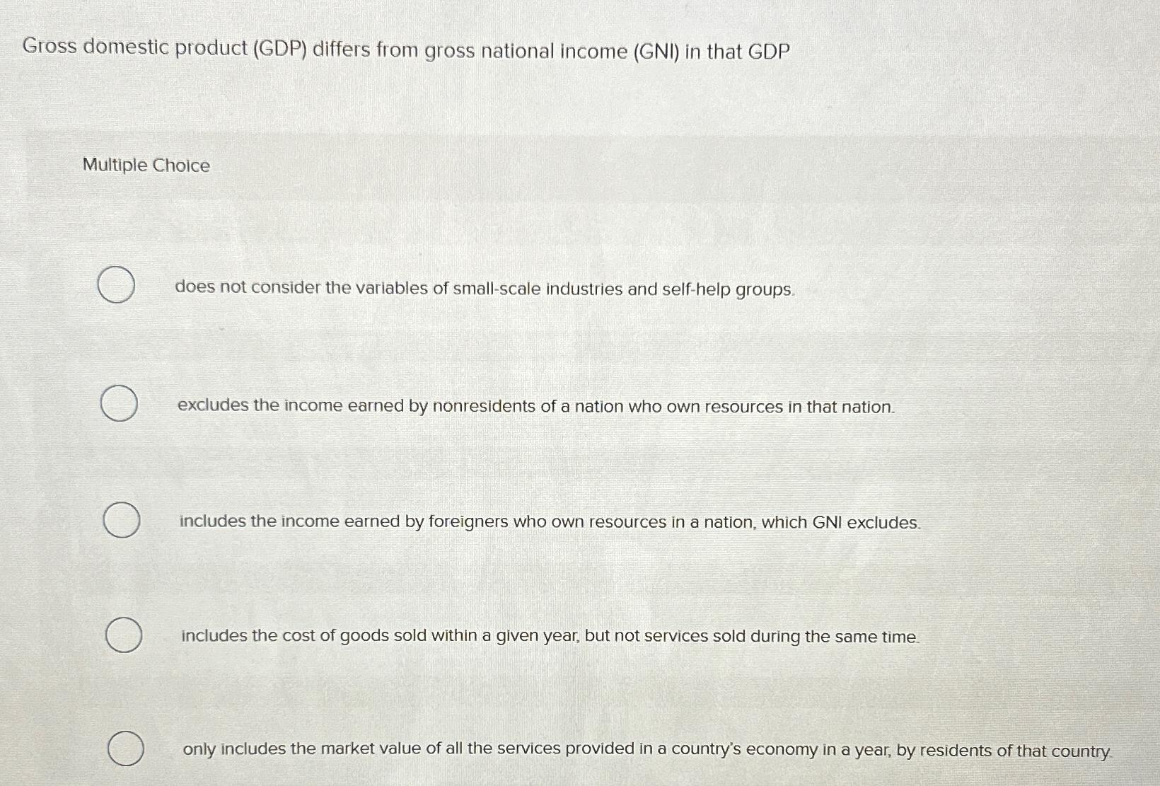Solved Gross domestic product (GDP) ﻿differs from gross | Chegg.com