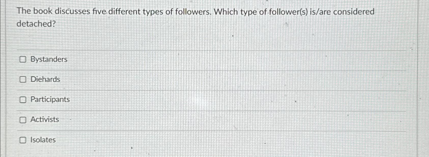 Solved The book discusses five different types of followers. | Chegg.com