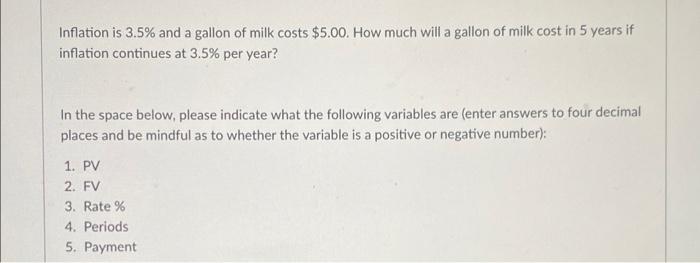 [Solved]: Inflation is 3.5% and a gallon of milk costs $5.00