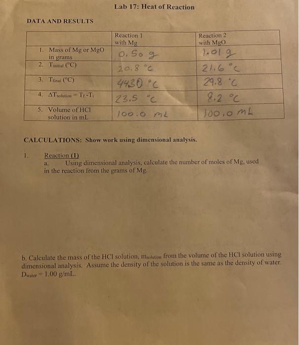 Solved Lab 17: Heat of Reaction DATA AND RESULTS | Chegg.com