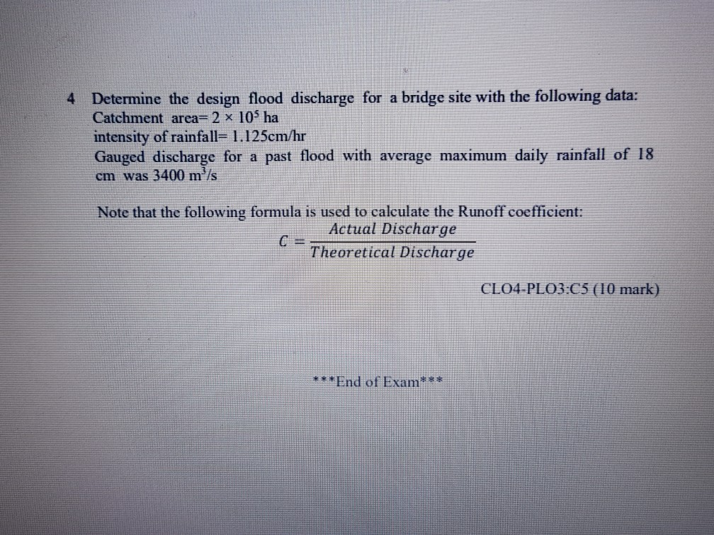 Solved Determine the design flood discharge for a bridge | Chegg.com
