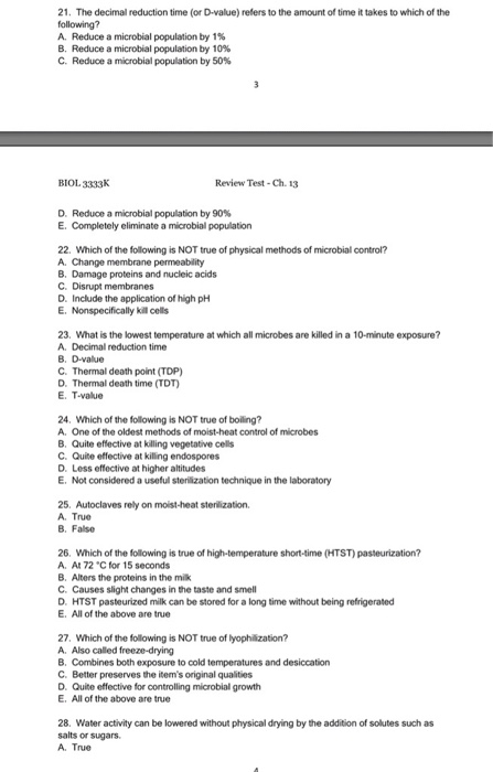 Solved 21. The decimal reduction time (or D-value) refers to | Chegg.com
