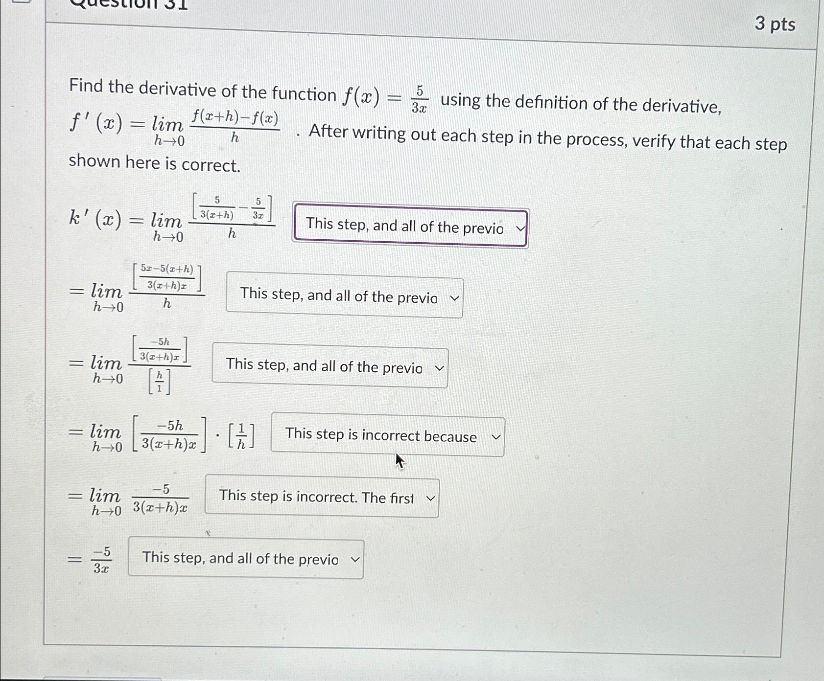 Solved 3ptsFind the derivative of the function f(x)=53x | Chegg.com