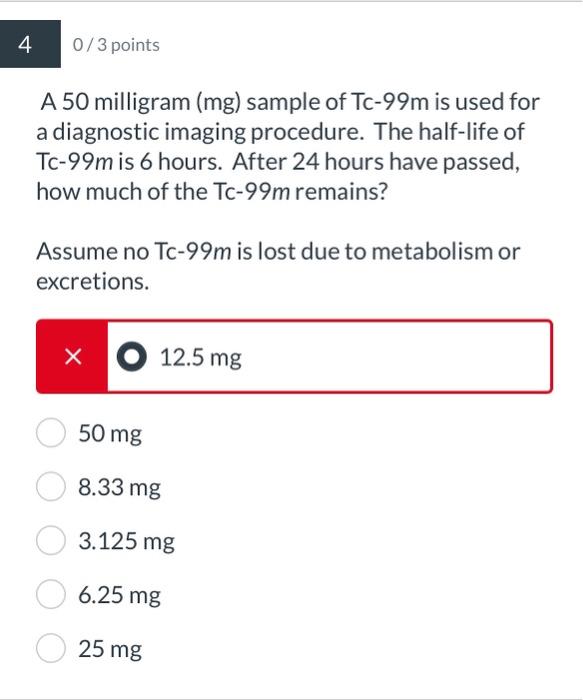 Solved A 50 milligram (mg) sample of Tc-99m is used for a | Chegg.com