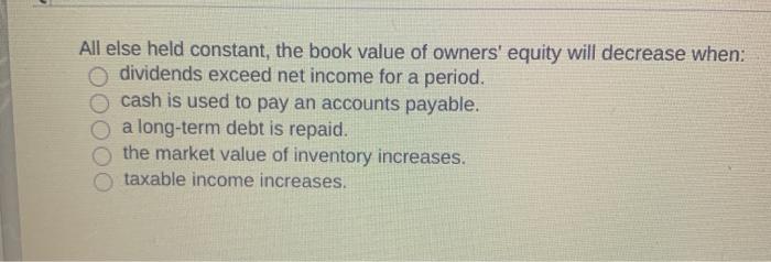 Solved All else held constant, the book value of owners' | Chegg.com