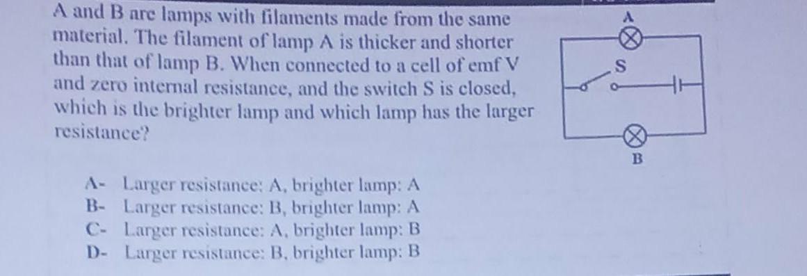 Solved A and B are lamps with filaments made from the same | Chegg.com