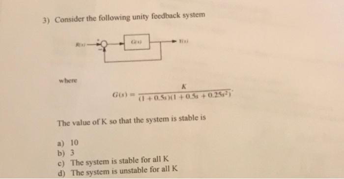Solved 3) Consider the following unity feedback system where | Chegg.com