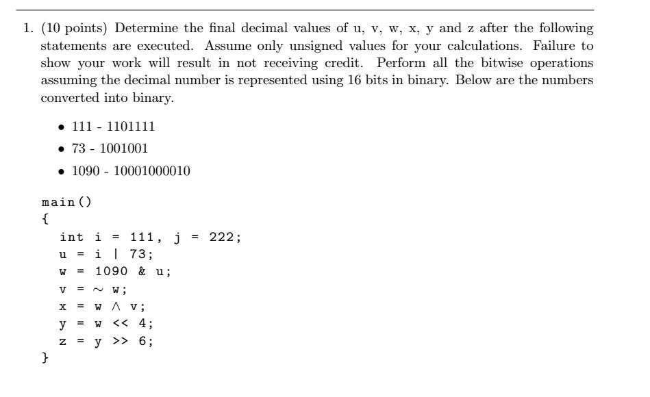 Solved 1. (10 points) Determine the final decimal values of | Chegg.com