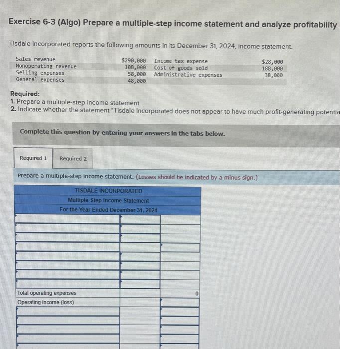 Solved Exercise 6-3 (Algo) Prepare a multiple-step income | Chegg.com