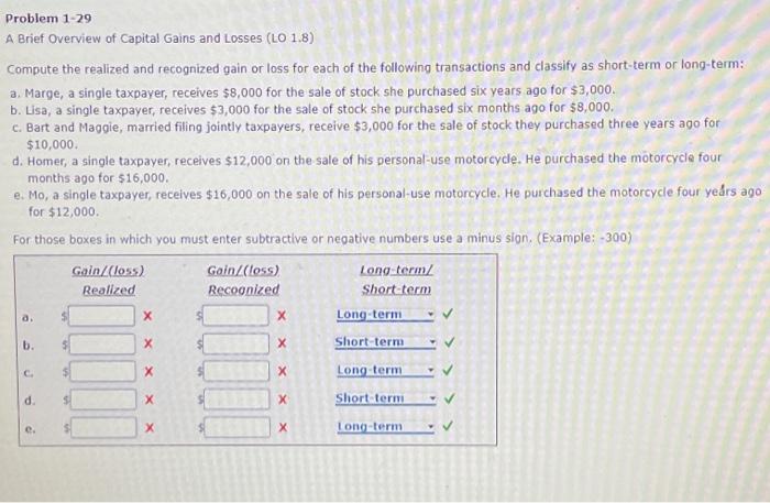 Solved Problem 1-29 A Brief Overview of Capital Gains and | Chegg.com