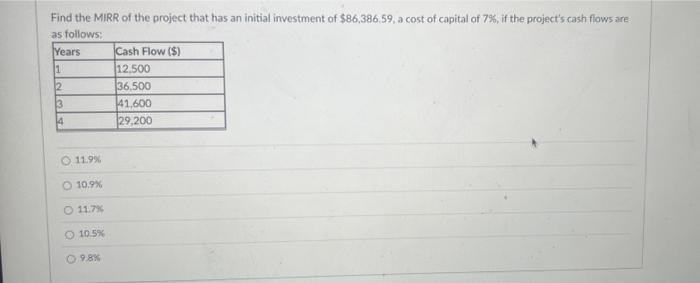 Solved Find the MIRR of the project that has an initial | Chegg.com