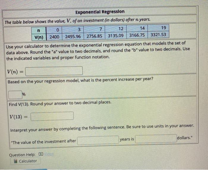 Solved Exponential Regression The table below shows the | Chegg.com