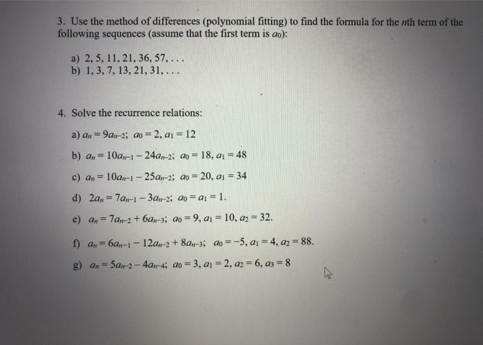 Solved 3. Use the method of differences (polynomial fitting) | Chegg.com
