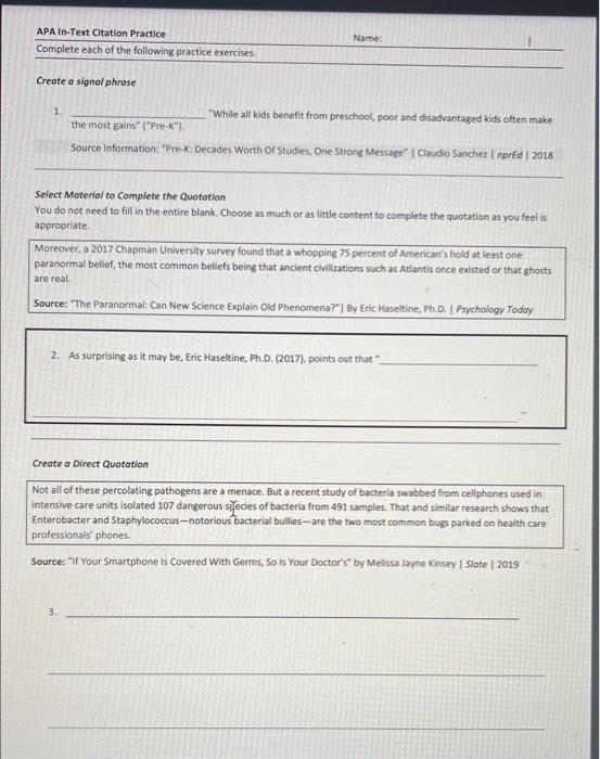 APA In-Text Citation Practice Name: Complete each of | Chegg.com