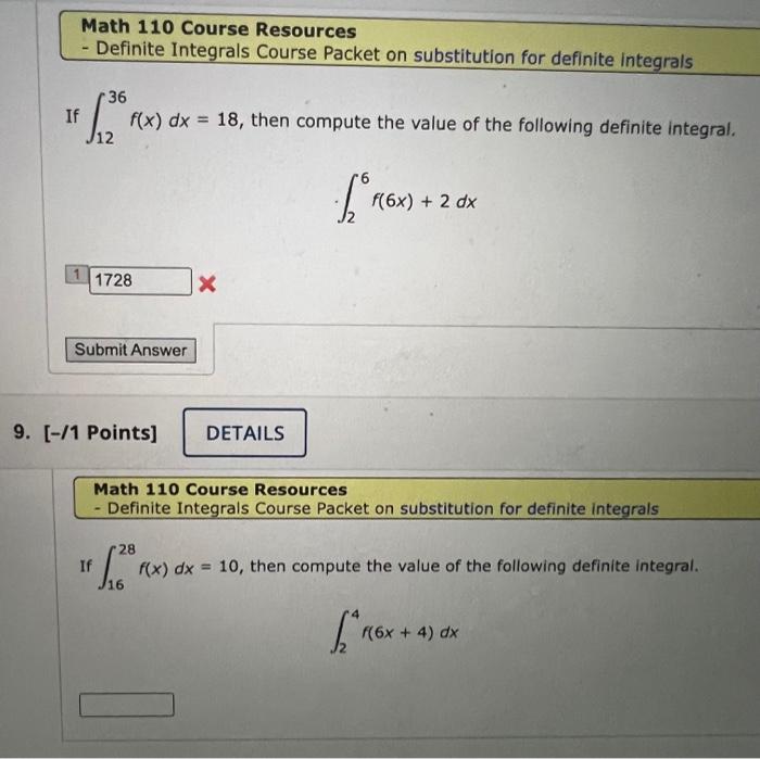 Solved Math 110 Course Resources - Definite Integrals Course | Chegg.com