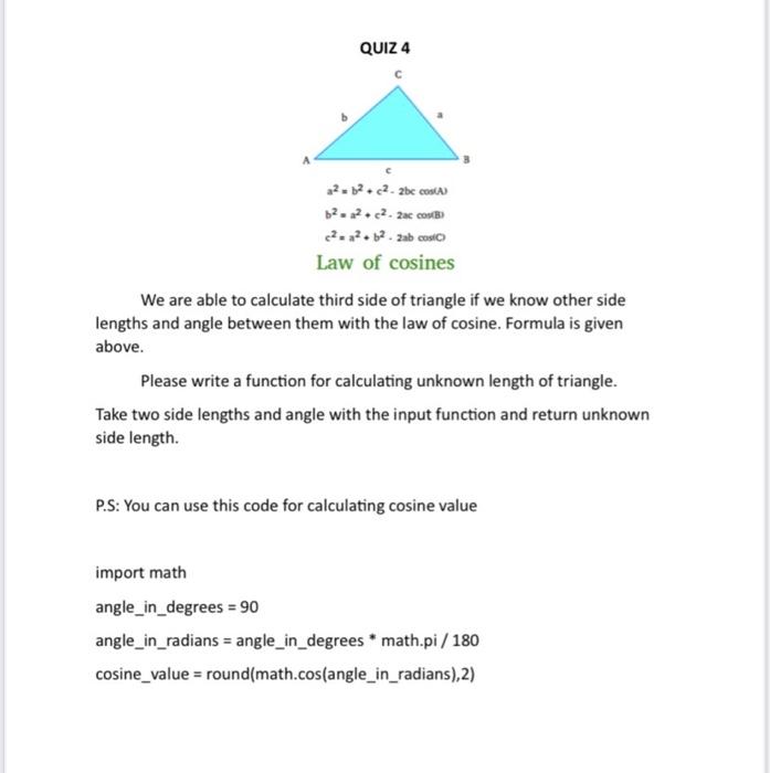 Solved We are able to calculate third side of triangle if we | Chegg.com