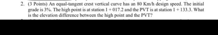 Solved 2. (3 Points) An equal-tangent crest vertical curve | Chegg.com