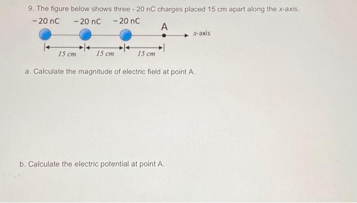 Solved 9. The figure below shows three −20nC charges placed | Chegg.com