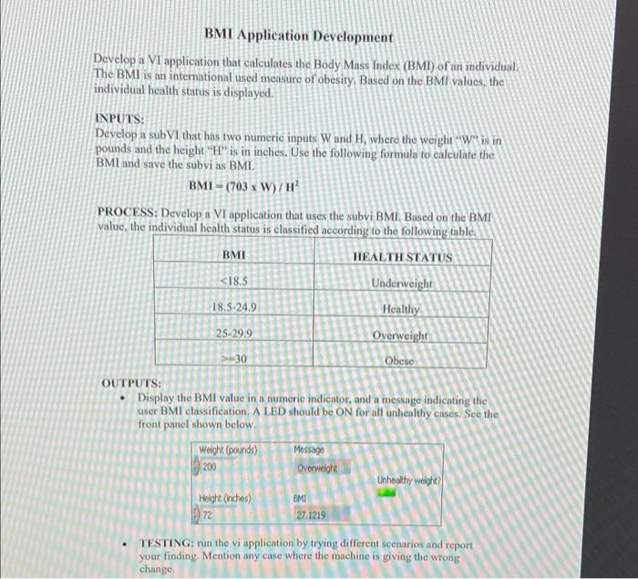 Solved BMI Application Development Develop a VI application | Chegg.com