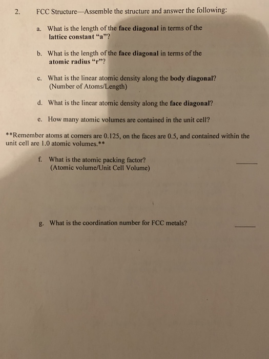 Solved 2. FCC Structure-Assemble the structure and answer | Chegg.com