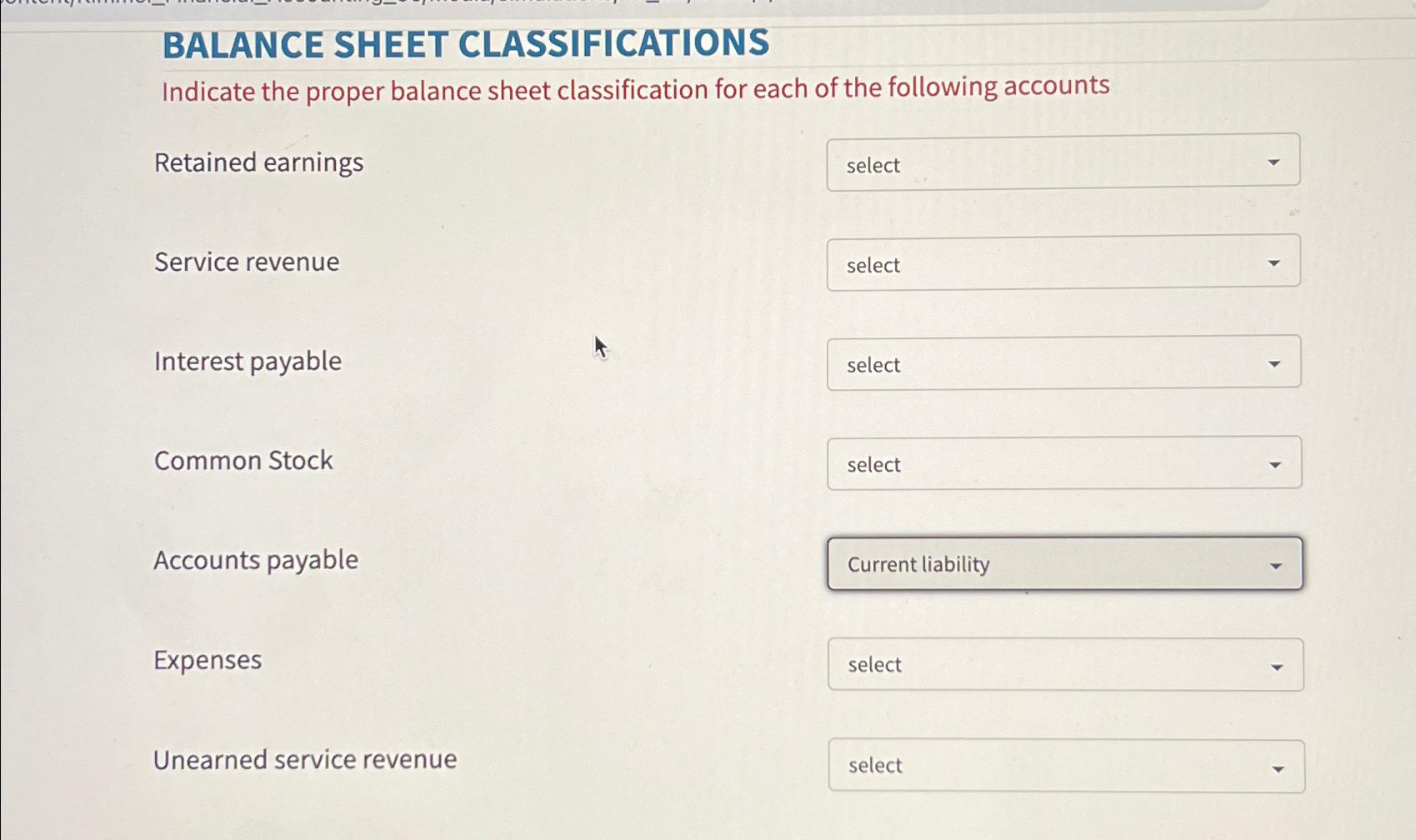 Solved BALANCE SHEET CLASSIFICATIONSIndicate the proper | Chegg.com