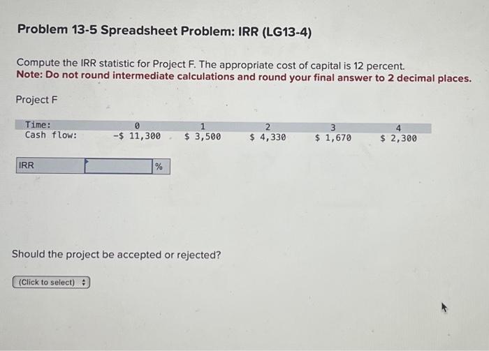 Solved Problem 13-5 Spreadsheet Problem: IRR (LG13-4) | Chegg.com