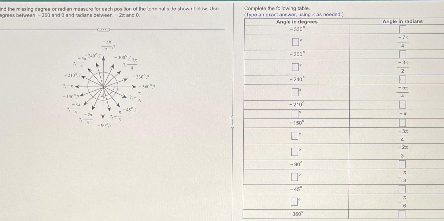 Solved nd the missing degree or radian measure for each | Chegg.com