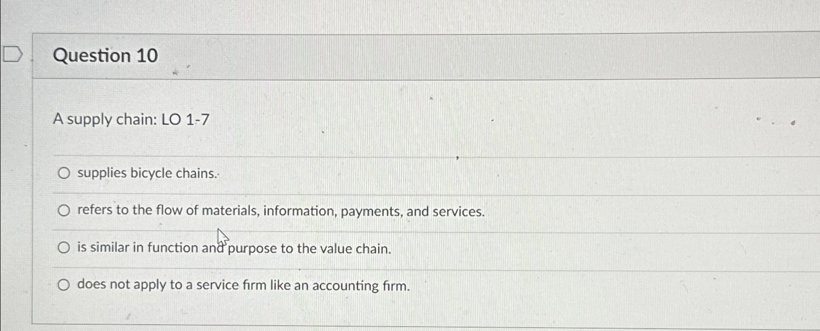 Solved Question 10A supply chain: LO 1-7supplies bicycle | Chegg.com