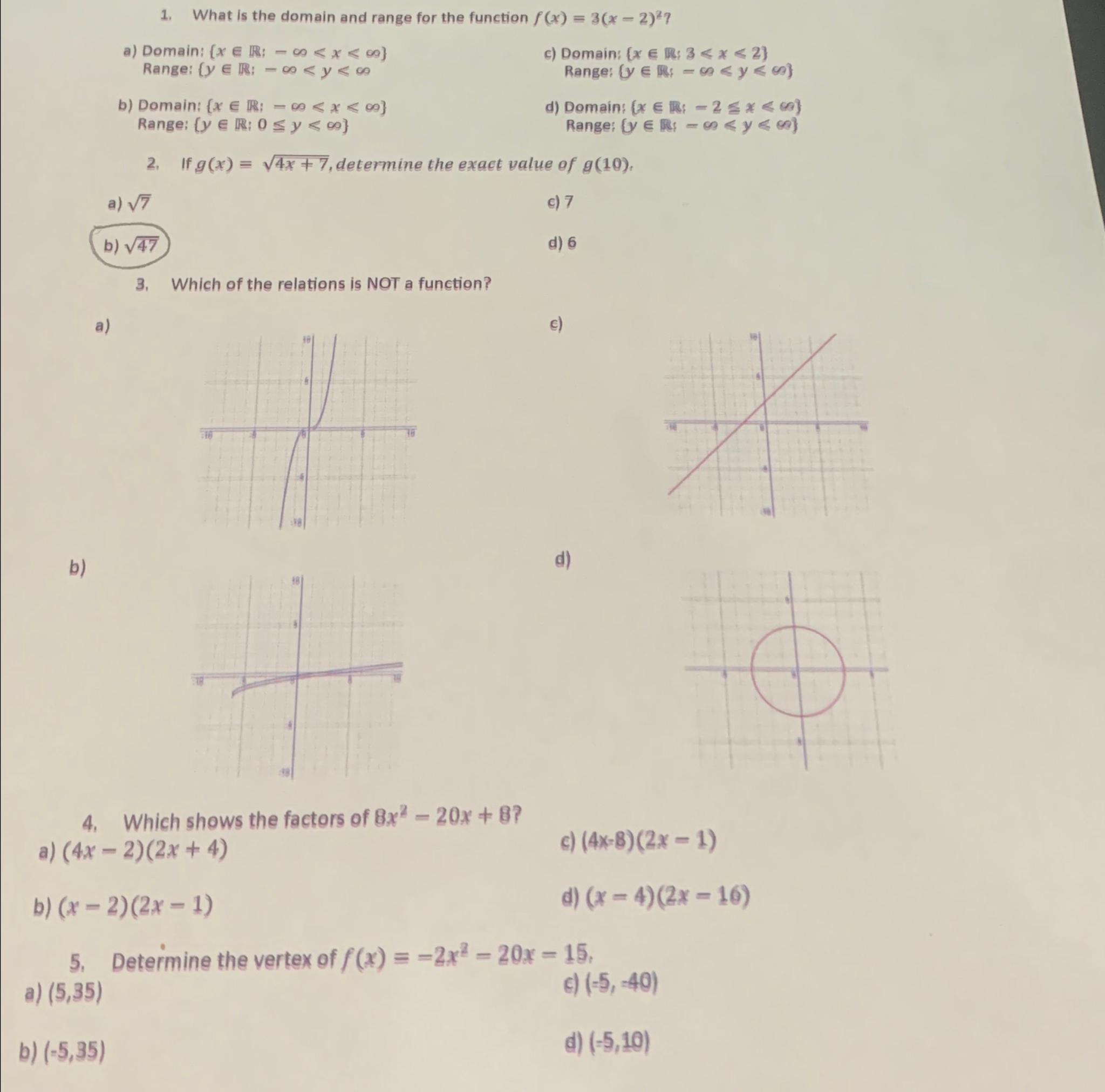 Solved What is the domain and range for the function | Chegg.com
