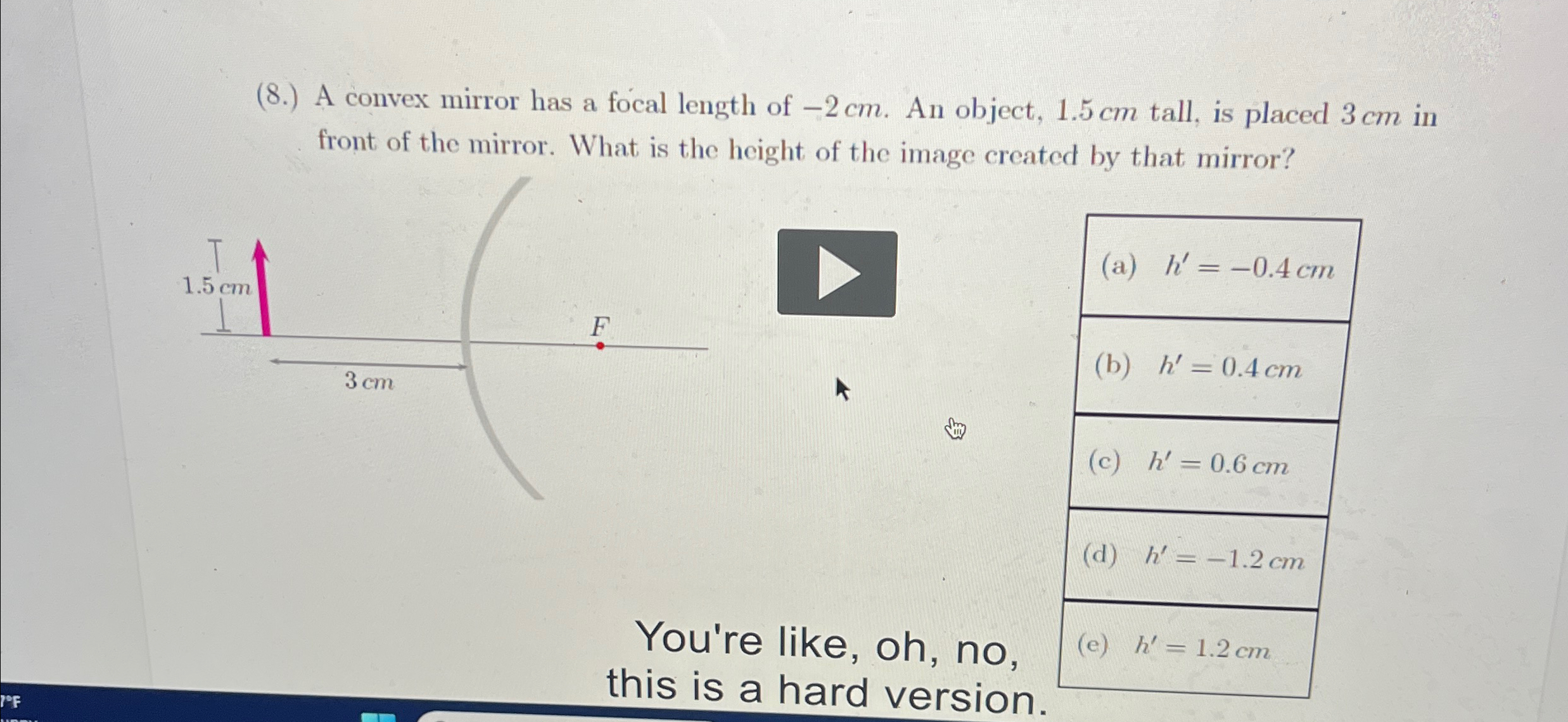 Solved (8.) ﻿A convex mirror has a focal length of -2cm. ﻿An | Chegg.com