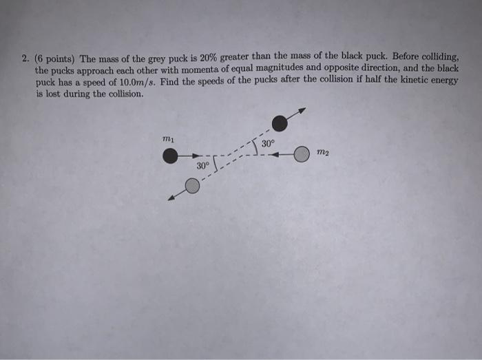 Solved 2. (6 points) The mass of the grey puck is 20% | Chegg.com