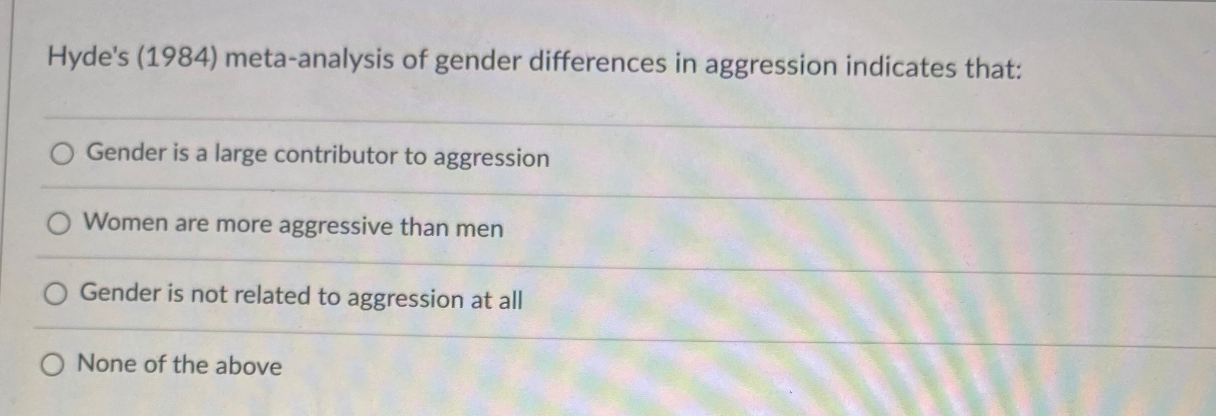 Solved Hyde's (1984) ﻿meta-analysis of gender differences in | Chegg.com