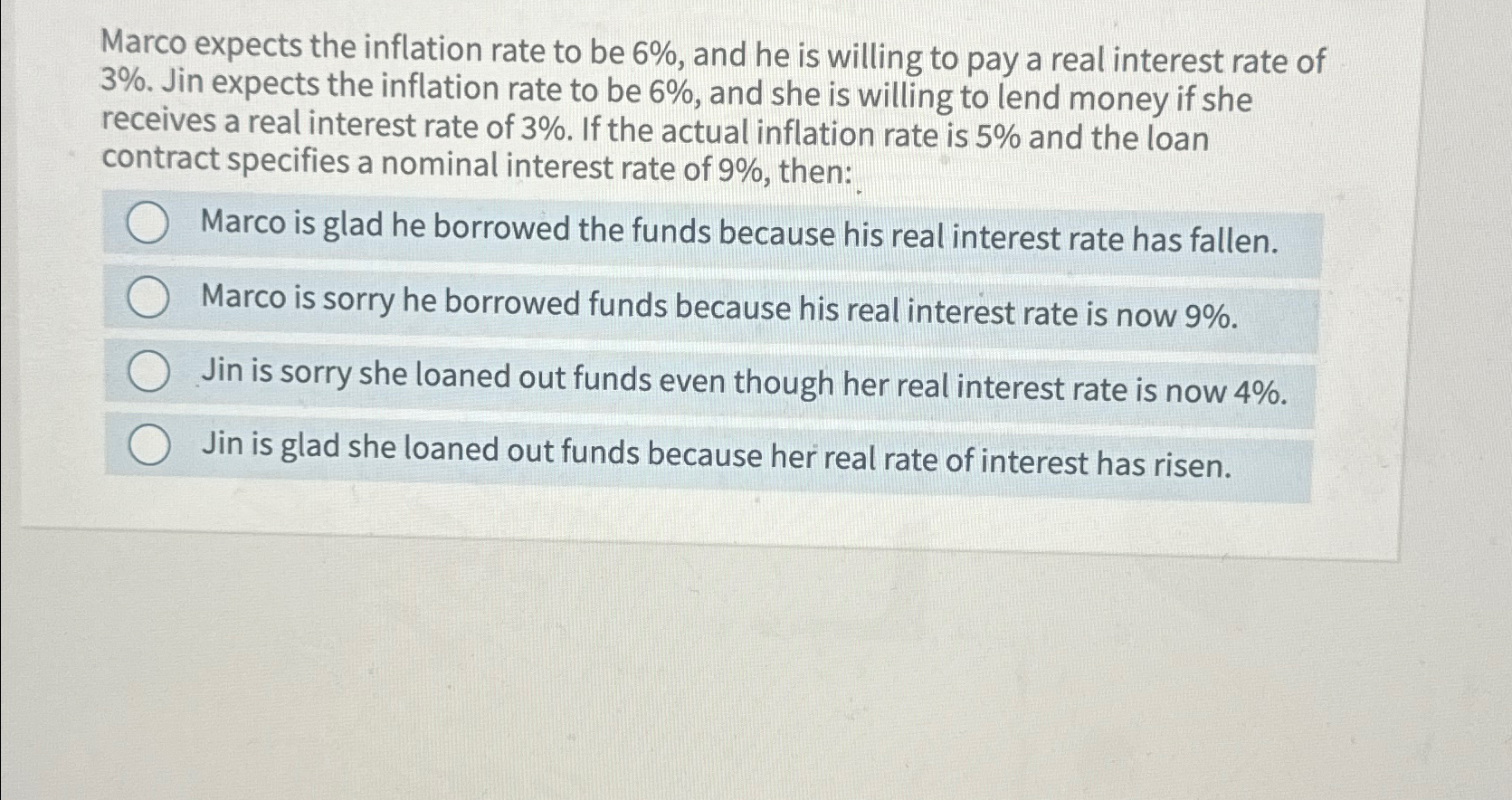 Solved Marco expects the inflation rate to be 6%, ﻿and he is | Chegg.com