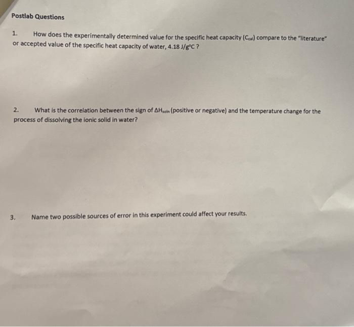 Solved Part 2. Experimental Determination of Heat of | Chegg.com