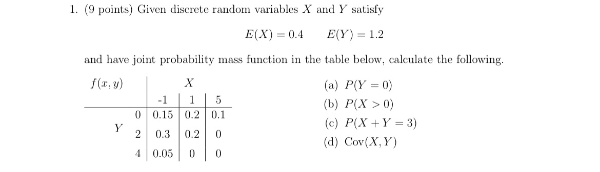 Solved (9 ﻿points) ﻿Given discrete random variables x ﻿and Y | Chegg.com