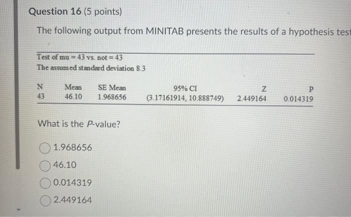 Solved The following output from MINITAB presents the | Chegg.com