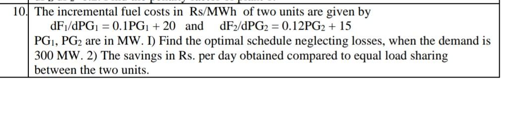 Solved = = 10. The incremental fuel costs in Rs/MWh of two | Chegg.com